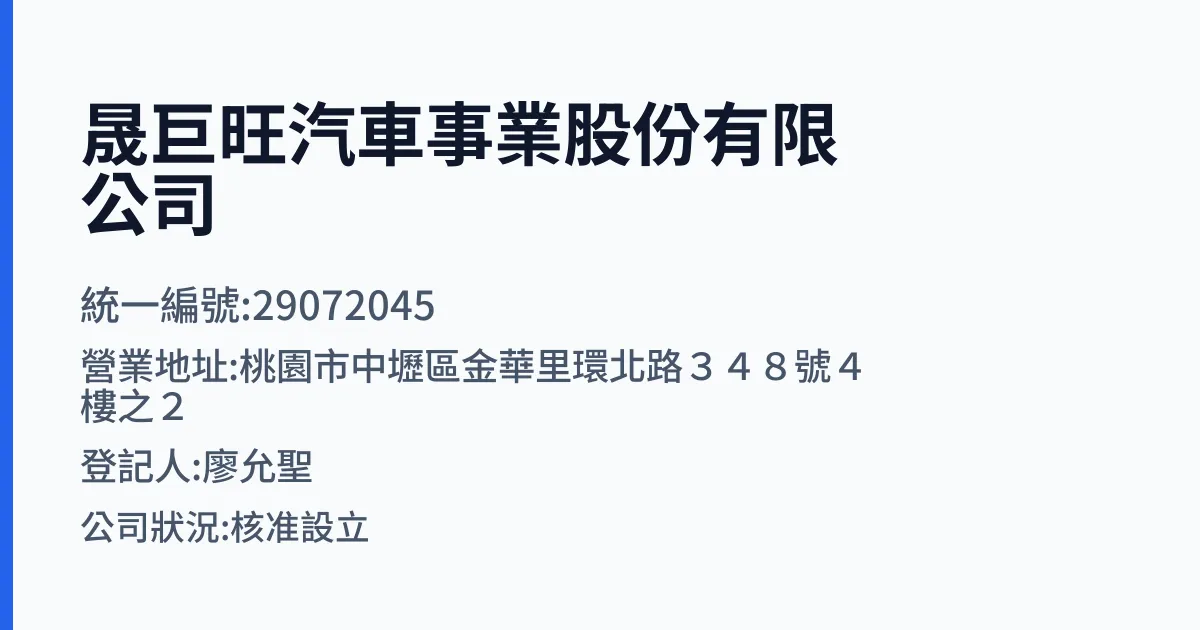 晟巨旺汽車事業股份有限公司 - 統編 29072045(桃園市) 公司登記資料與營業項目詳細圖表