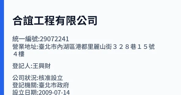 合誼工程有限公司的照片-統編 29072241(臺北市) 公司登記資料與營業項目詳細圖表