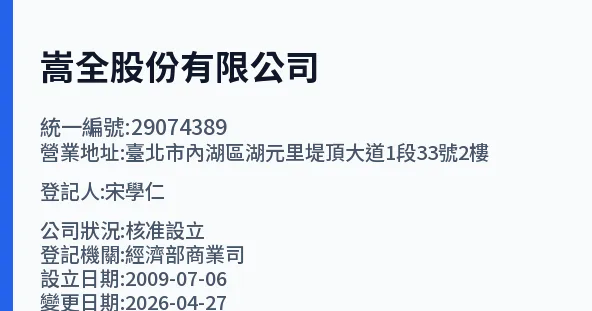 嵩全股份有限公司的照片-統編 29074389(臺北市) 公司登記資料與營業項目詳細圖表