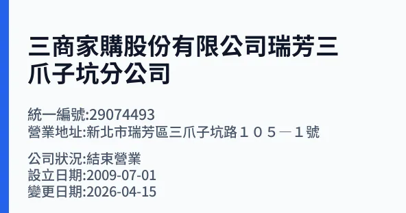 三商家購股份有限公司瑞芳三爪子坑分公司的照片-統編 29074493(新北市) 公司登記資料與營業項目詳細圖表