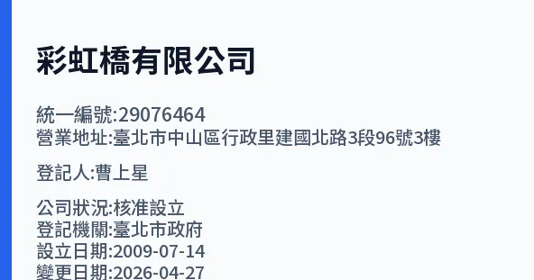 彩虹橋有限公司的照片-統編 29076464(臺北市) 公司登記資料與營業項目詳細圖表