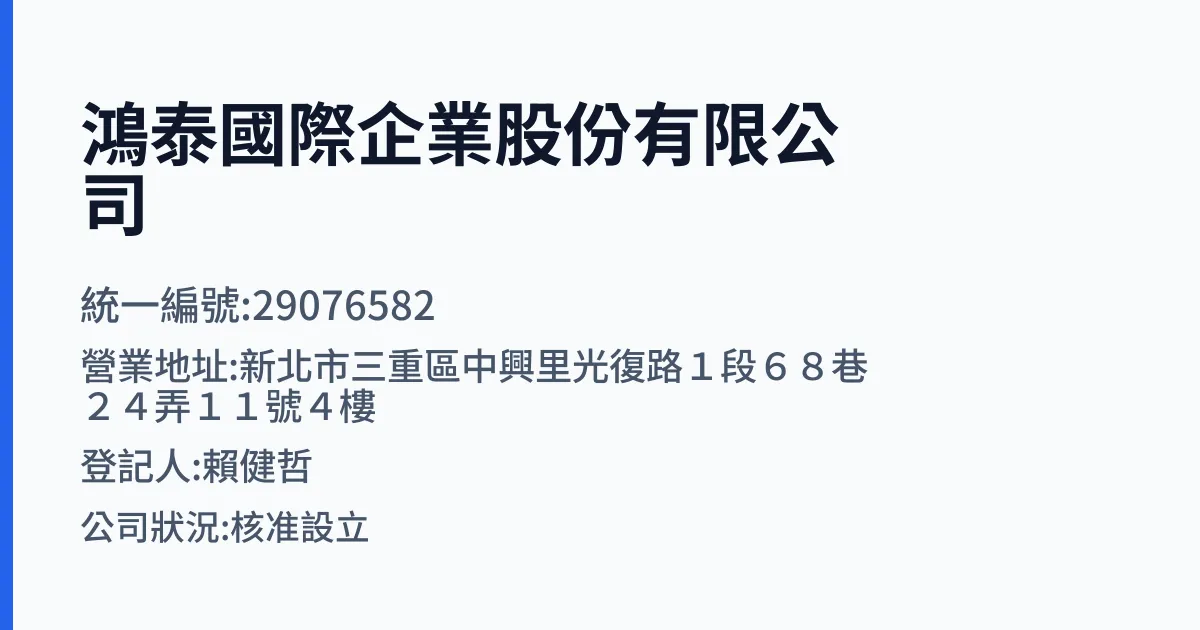 鴻泰國際企業股份有限公司 - 統編 29076582(新北市) 公司登記資料與營業項目詳細圖表