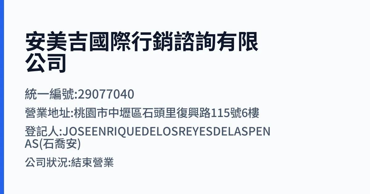 安美吉國際行銷諮詢有限公司 - 統編 29077040(桃園市) 公司登記資料與營業項目詳細圖表