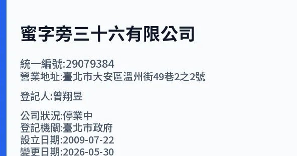 蜜字旁三十六有限公司的照片-統編 29079384(臺北市) 公司登記資料與營業項目詳細圖表