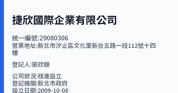 捷欣國際企業有限公司的照片-統編 29080306(新北市) 公司登記資料與營業項目詳細圖表