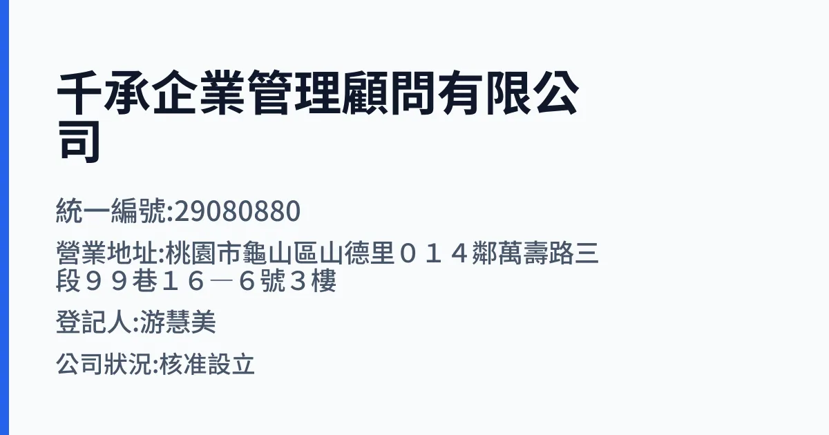 千承企業管理顧問有限公司 - 統編 29080880(桃園市) 公司登記資料與營業項目詳細圖表