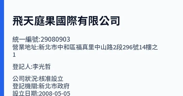 飛天庭果國際有限公司的照片-統編 29080903(新北市) 公司登記資料與營業項目詳細圖表