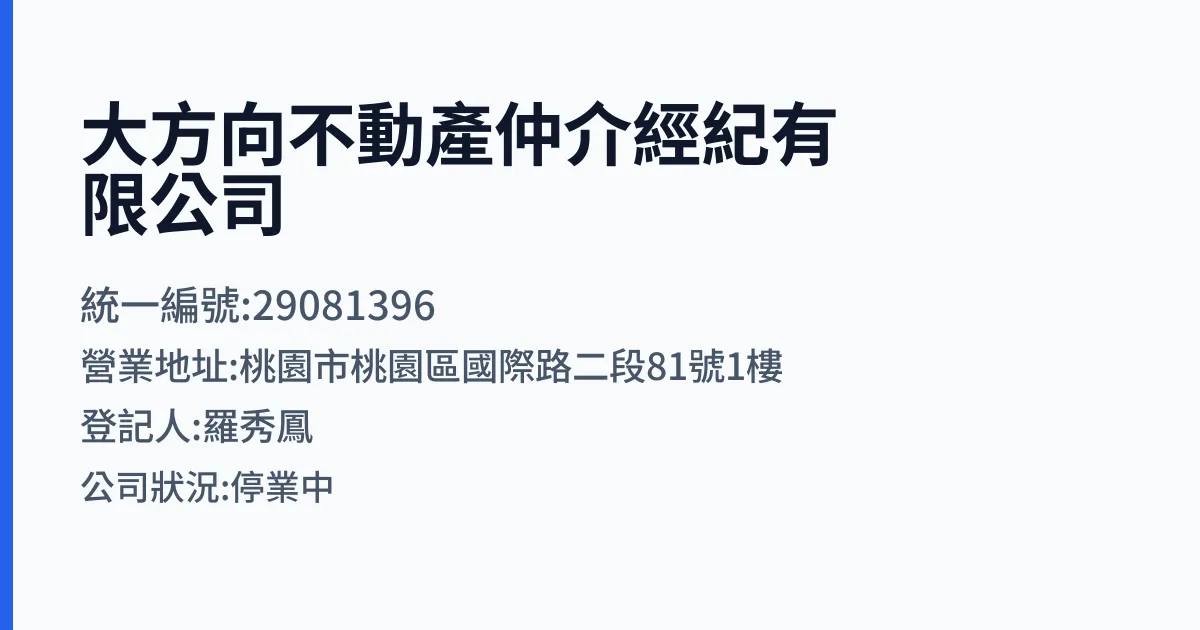 大方向不動產仲介經紀有限公司 - 統編 29081396(桃園市) 公司登記資料與營業項目詳細圖表
