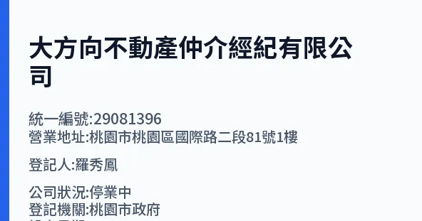 大方向不動產仲介經紀有限公司的照片-統編 29081396(桃園市) 公司登記資料與營業項目詳細圖表