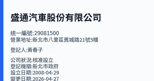 盛通汽車股份有限公司的照片-統編 29081500(新北市) 公司登記資料與營業項目詳細圖表