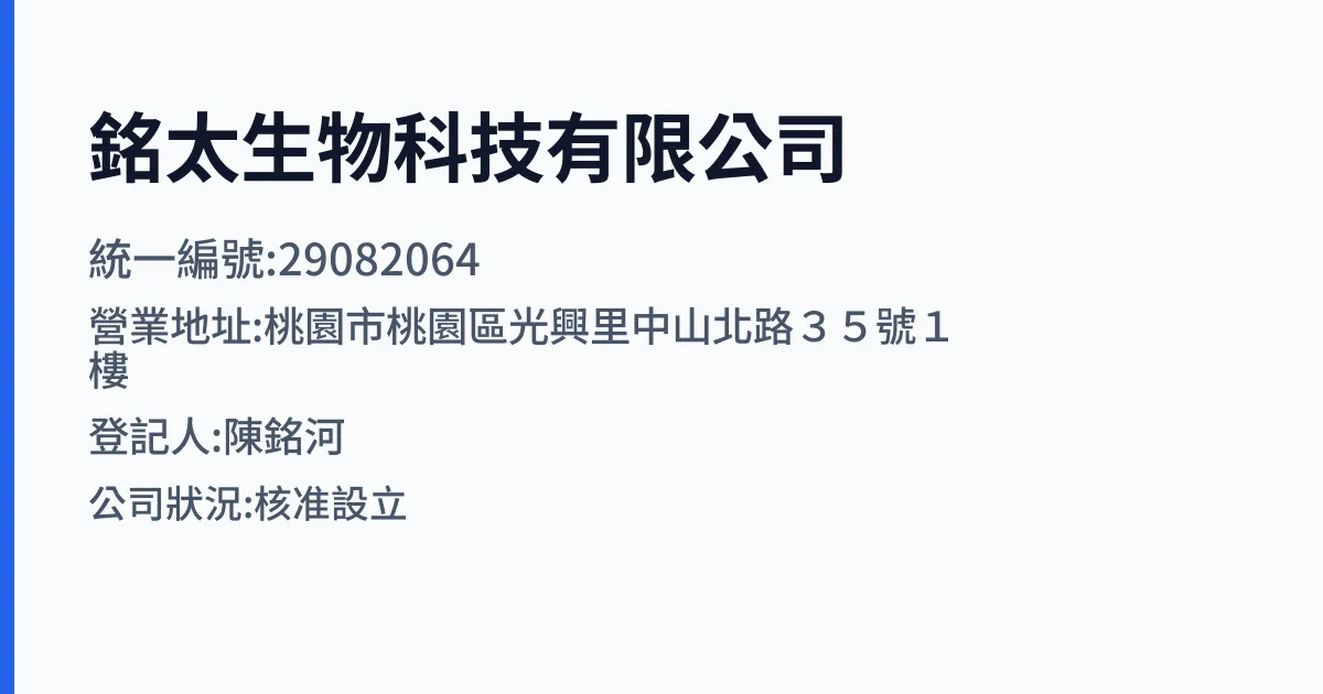 銘太生物科技有限公司 - 統編 29082064(桃園市) 公司登記資料與營業項目詳細圖表