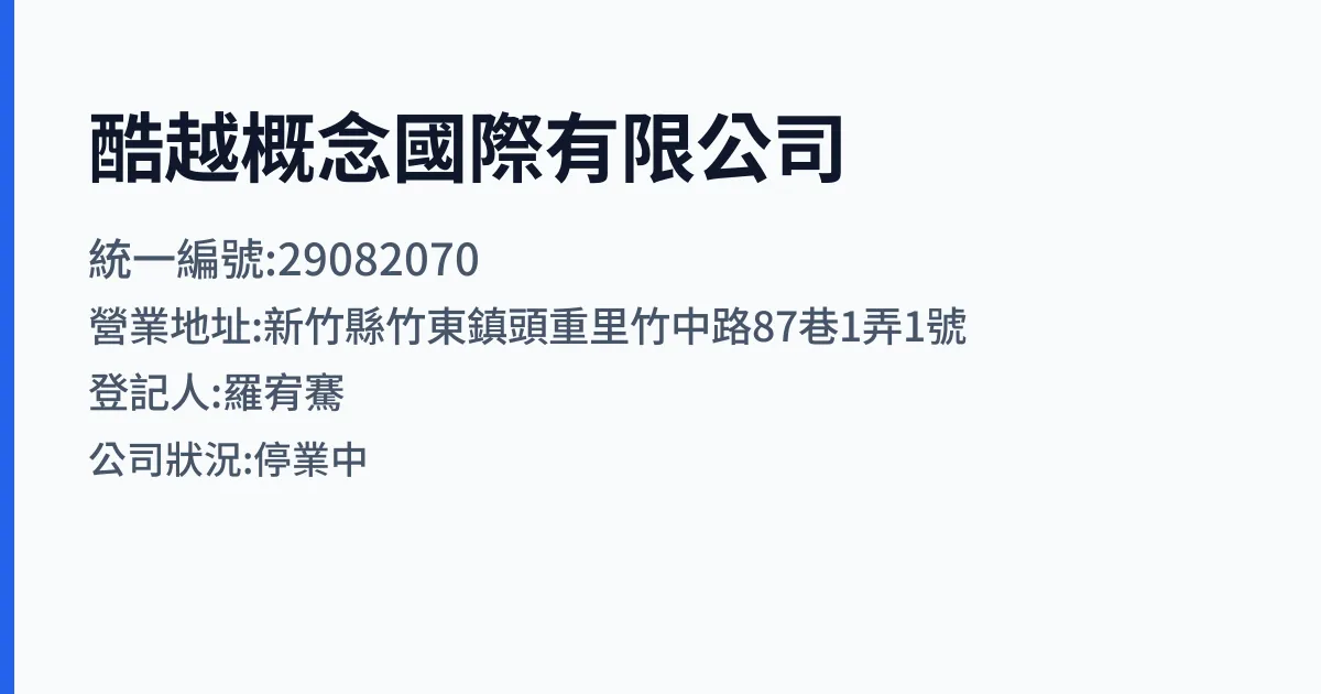 酷越概念國際有限公司 - 統編 29082070(新竹縣) 公司登記資料與營業項目詳細圖表