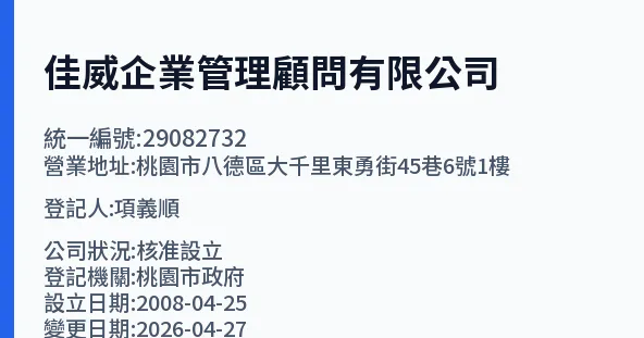 佳威企業管理顧問有限公司的照片-統編 29082732(桃園市) 公司登記資料與營業項目詳細圖表