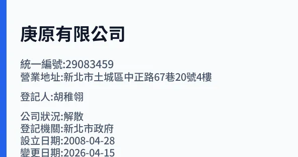 庚原有限公司的照片-統編 29083459(新北市) 公司登記資料與營業項目詳細圖表