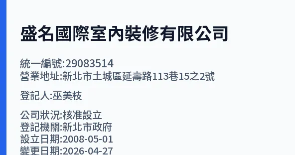 盛名國際室內裝修有限公司的照片-統編 29083514(新北市) 公司登記資料與營業項目詳細圖表