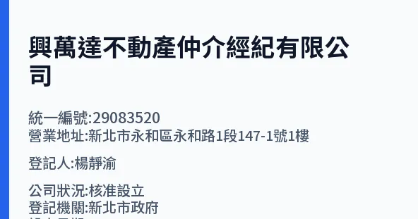 興萬達不動產仲介經紀有限公司的照片-統編 29083520(新北市) 公司登記資料與營業項目詳細圖表