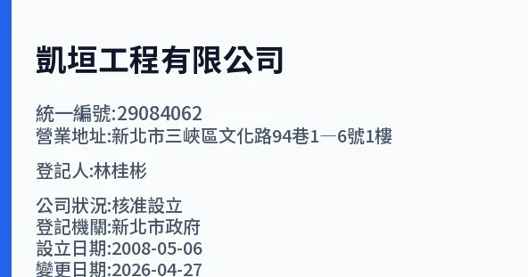 凱垣工程有限公司的照片-統編 29084062(新北市) 公司登記資料與營業項目詳細圖表