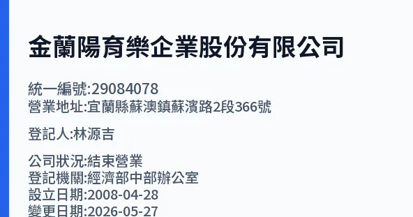 金蘭陽育樂企業股份有限公司的照片-統編 29084078(宜蘭縣) 公司登記資料與營業項目詳細圖表