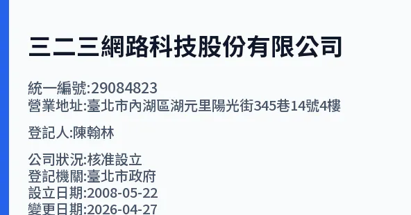 三二三網路科技股份有限公司的照片-統編 29084823(臺北市) 公司登記資料與營業項目詳細圖表