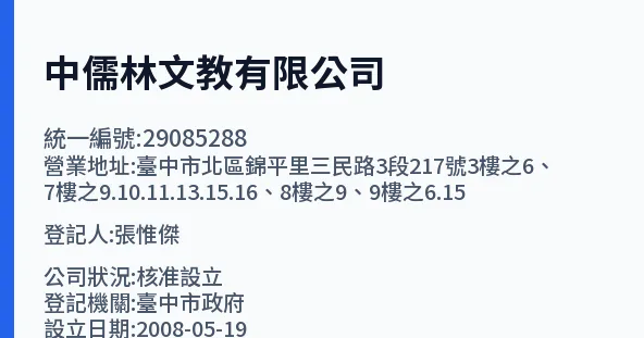 中儒林文教有限公司的照片-統編 29085288(臺中市) 公司登記資料與營業項目詳細圖表