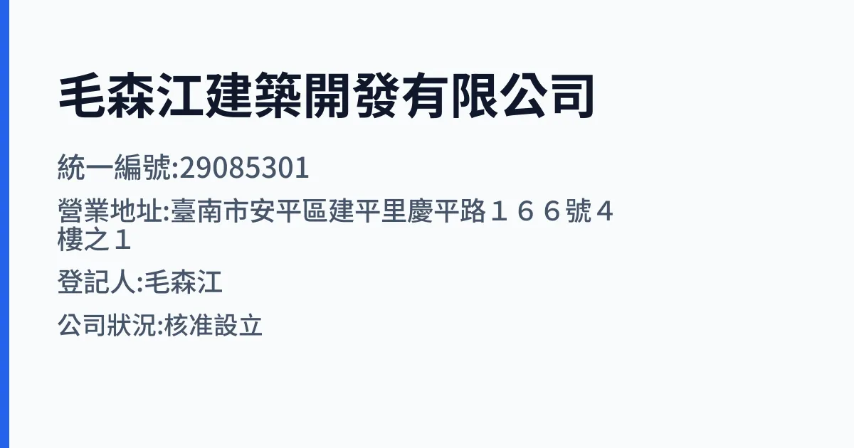 毛森江建築開發有限公司 - 統編 29085301(臺南市) 公司登記資料與營業項目詳細圖表