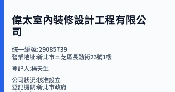 偉太室內裝修設計工程有限公司的照片-統編 29085739(新北市) 公司登記資料與營業項目詳細圖表