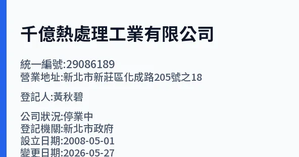 千億熱處理工業有限公司的照片-統編 29086189(新北市) 公司登記資料與營業項目詳細圖表