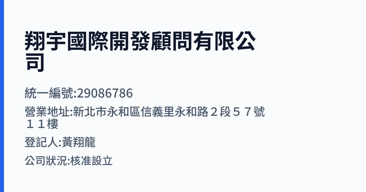 翔宇國際開發顧問有限公司 - 統編 29086786(新北市) 公司登記資料與營業項目詳細圖表