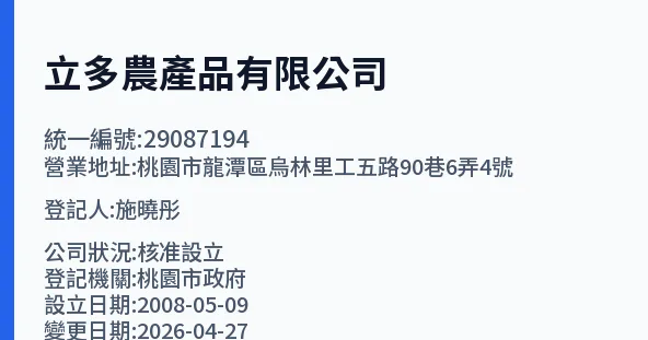 立多農產品有限公司的照片-統編 29087194(桃園市) 公司登記資料與營業項目詳細圖表