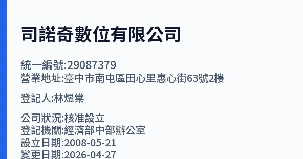 司諾奇數位有限公司的照片-統編 29087379(臺中市) 公司登記資料與營業項目詳細圖表