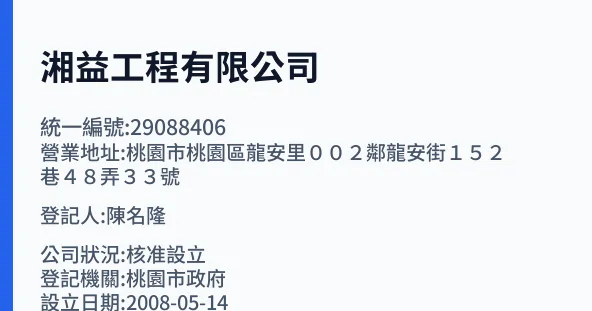 湘益工程有限公司的照片-統編 29088406(桃園市) 公司登記資料與營業項目詳細圖表