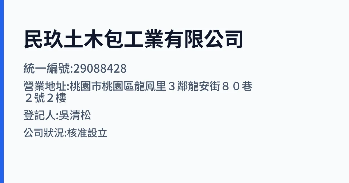 民玖土木包工業有限公司 - 統編 29088428(桃園市) 公司登記資料與營業項目詳細圖表