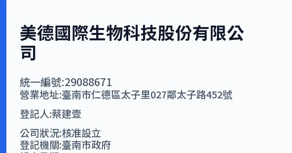 美德國際生物科技股份有限公司的照片-統編 29088671(臺南市) 公司登記資料與營業項目詳細圖表