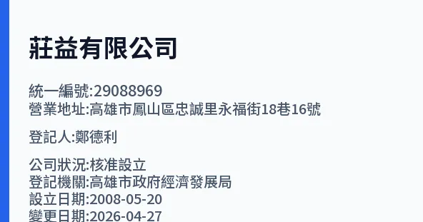 莊益有限公司的照片-統編 29088969(高雄市) 公司登記資料與營業項目詳細圖表