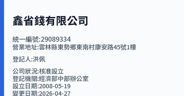 鑫省錢有限公司的照片-統編 29089334(雲林縣) 公司登記資料與營業項目詳細圖表