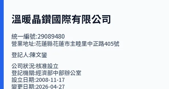 溫暖晶鑽國際有限公司的照片-統編 29089480(花蓮縣) 公司登記資料與營業項目詳細圖表