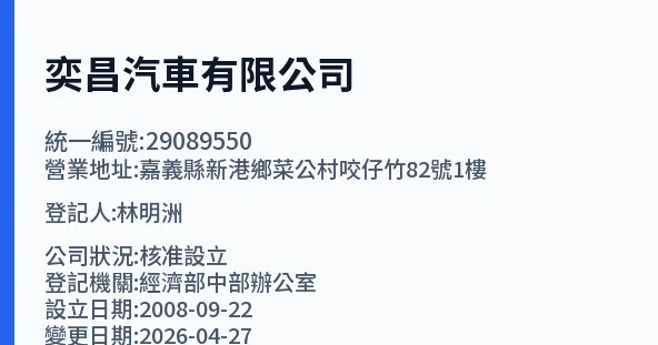 奕昌汽車有限公司的照片-統編 29089550(嘉義縣) 公司登記資料與營業項目詳細圖表