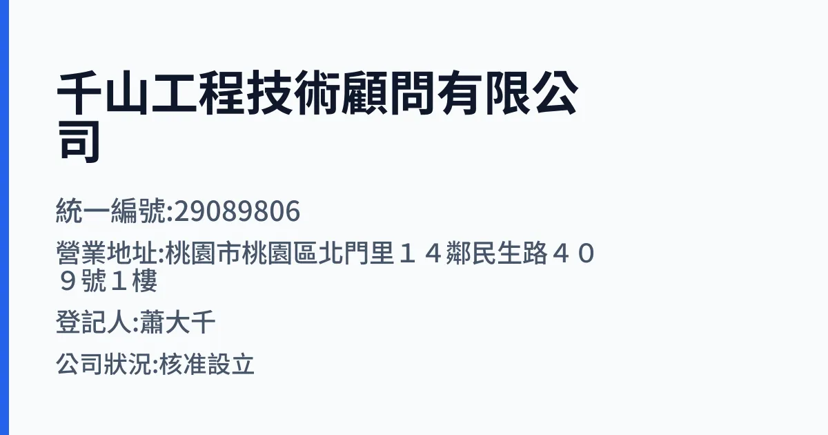 千山工程技術顧問有限公司 - 統編 29089806(桃園市) 公司登記資料與營業項目詳細圖表