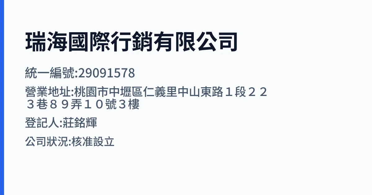 瑞海國際行銷有限公司 - 統編 29091578(桃園市) 公司登記資料與營業項目詳細圖表
