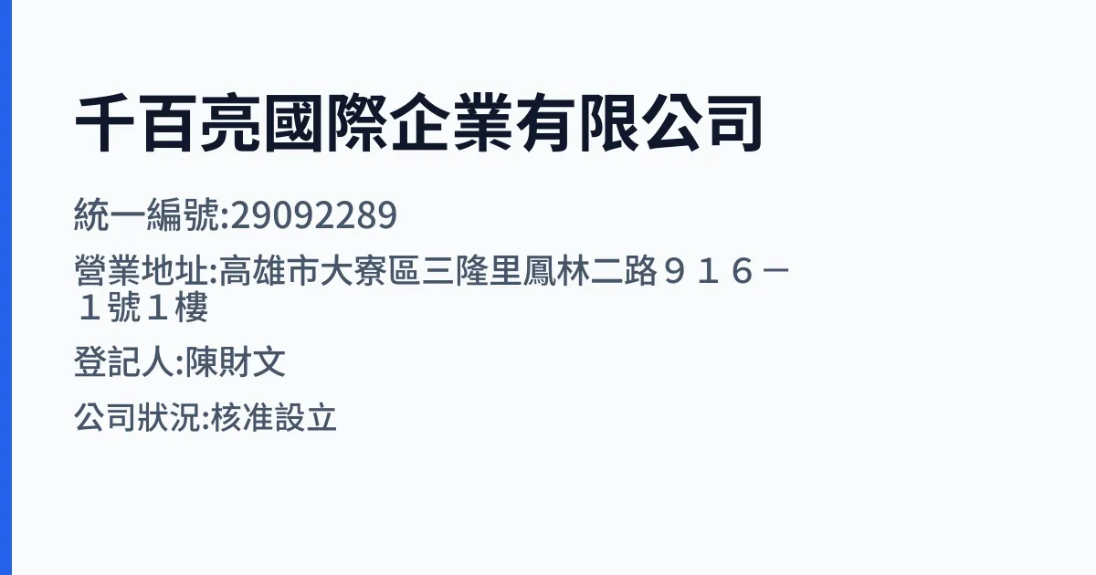 千百亮國際企業有限公司 - 統編 29092289(高雄市) 公司登記資料與營業項目詳細圖表