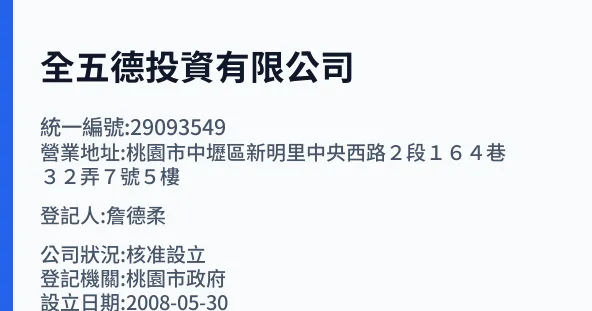 全五德投資有限公司的照片-統編 29093549(桃園市) 公司登記資料與營業項目詳細圖表