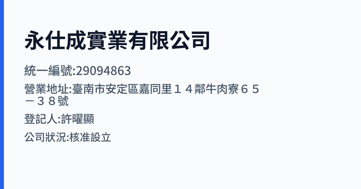 永仕成實業有限公司 - 統編 29094863(臺南市) 公司登記資料與營業項目詳細圖表