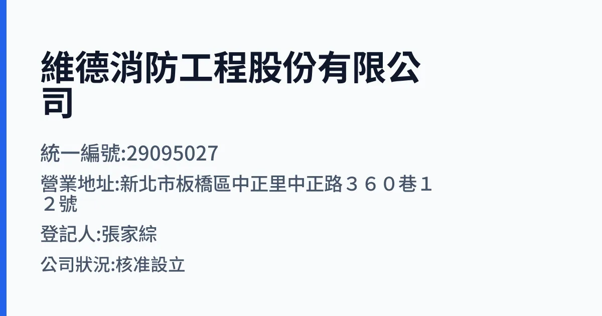 維德消防工程股份有限公司 - 統編 29095027(新北市) 公司登記資料與營業項目詳細圖表