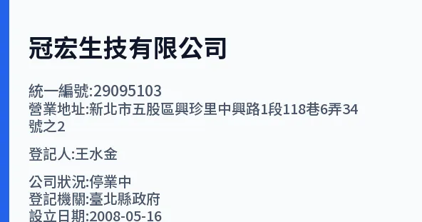 冠宏生技有限公司的照片-統編 29095103(新北市) 公司登記資料與營業項目詳細圖表
