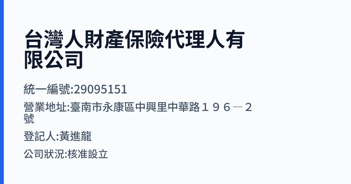 台灣人財產保險代理人有限公司 - 統編 29095151(臺南市) 公司登記資料與營業項目詳細圖表