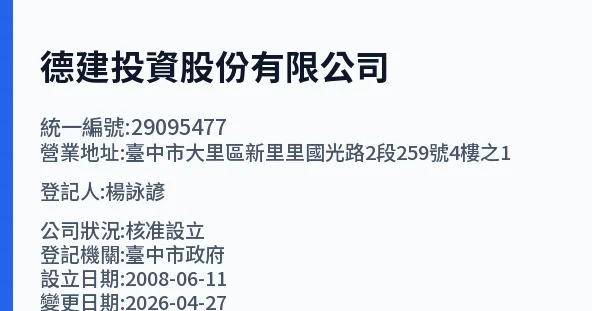 德建投資股份有限公司的照片-統編 29095477(臺中市) 公司登記資料與營業項目詳細圖表