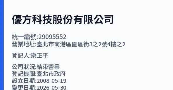 優方科技股份有限公司的照片-統編 29095552(臺北市) 公司登記資料與營業項目詳細圖表
