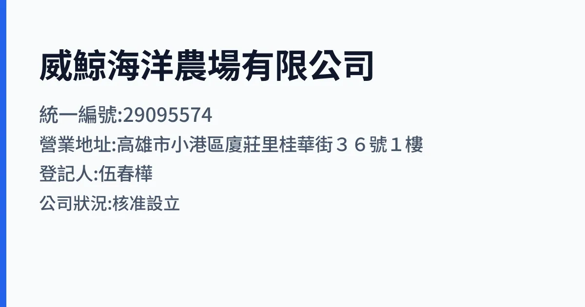 威鯨海洋農場有限公司 - 統編 29095574(高雄市) 公司登記資料與營業項目詳細圖表