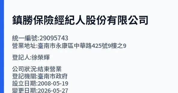 鎮勝保險經紀人股份有限公司的照片-統編 29095743(臺南市) 公司登記資料與營業項目詳細圖表