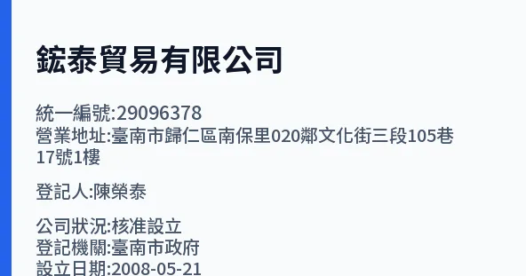 鋐泰貿易有限公司的照片-統編 29096378(臺南市) 公司登記資料與營業項目詳細圖表